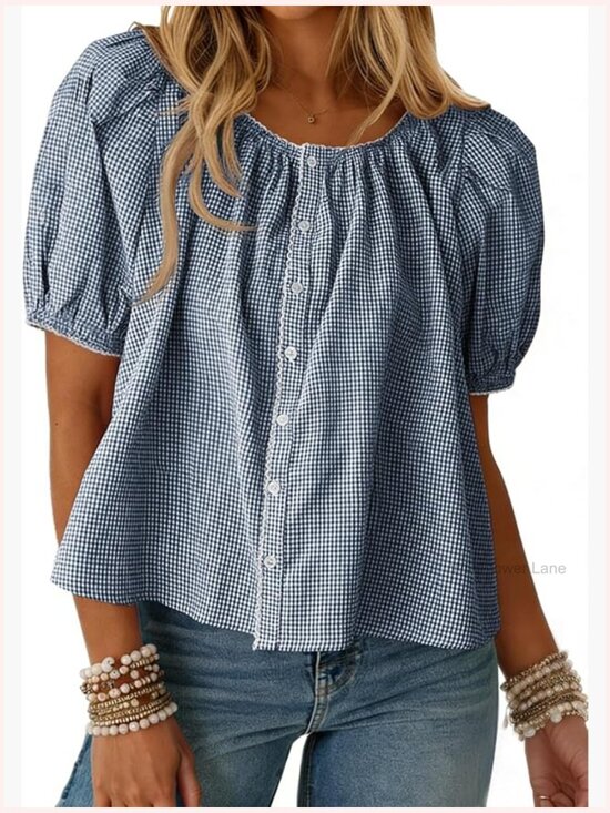 Tops | Puff Sleeve Gingham Blouse Button Down Crew Neck Cute Top | Poshmark